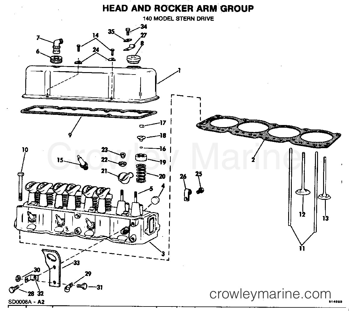 HEAD AND ROCKER ARM GROUP 140 MODEL STERN DRIVE - 1981 Stern Drive 120 ...
