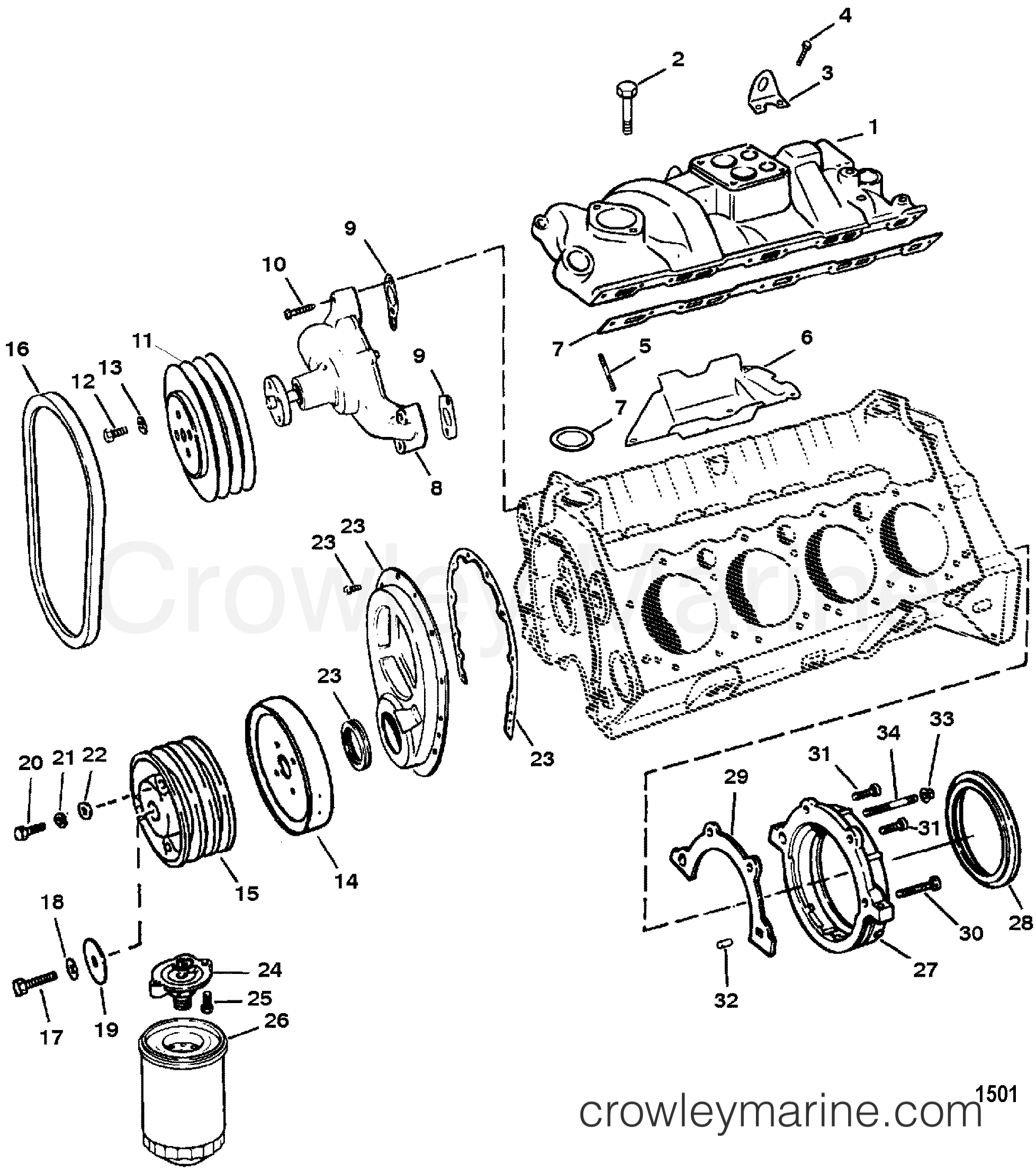 INTAKE MANIFOLD AND FRONT COVER - 1994 Inboard Engine 5.7L TBI [350MAG ...