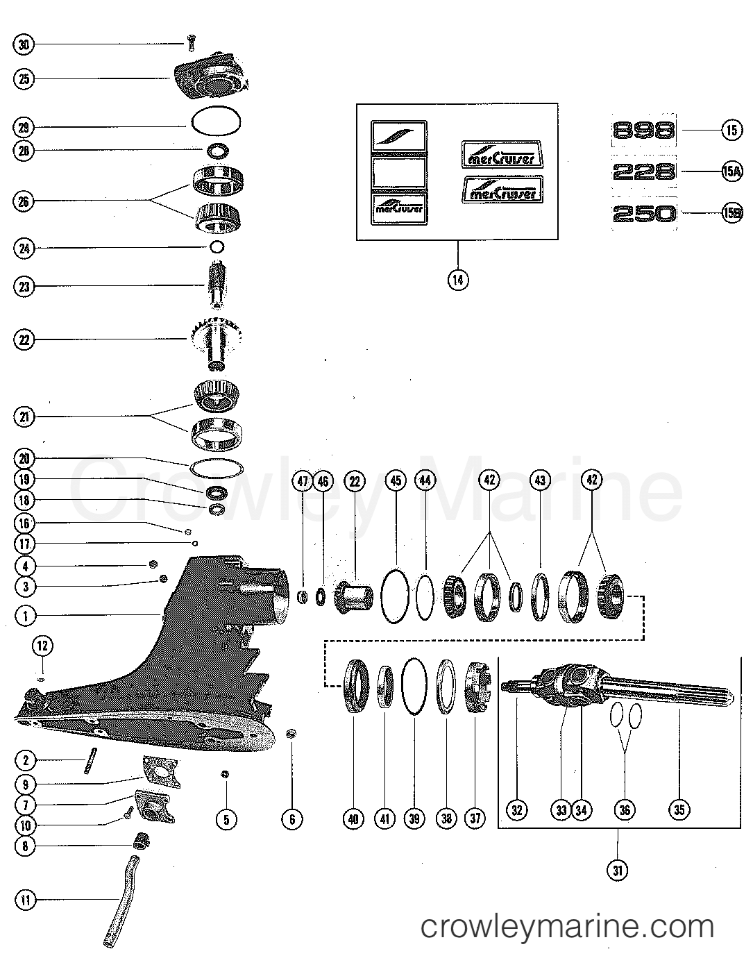 DRIVE SHAFT HOUSING ASSEMBLY AND GEAR ASSEMBLY - 1977 Stern Drive 898 ...