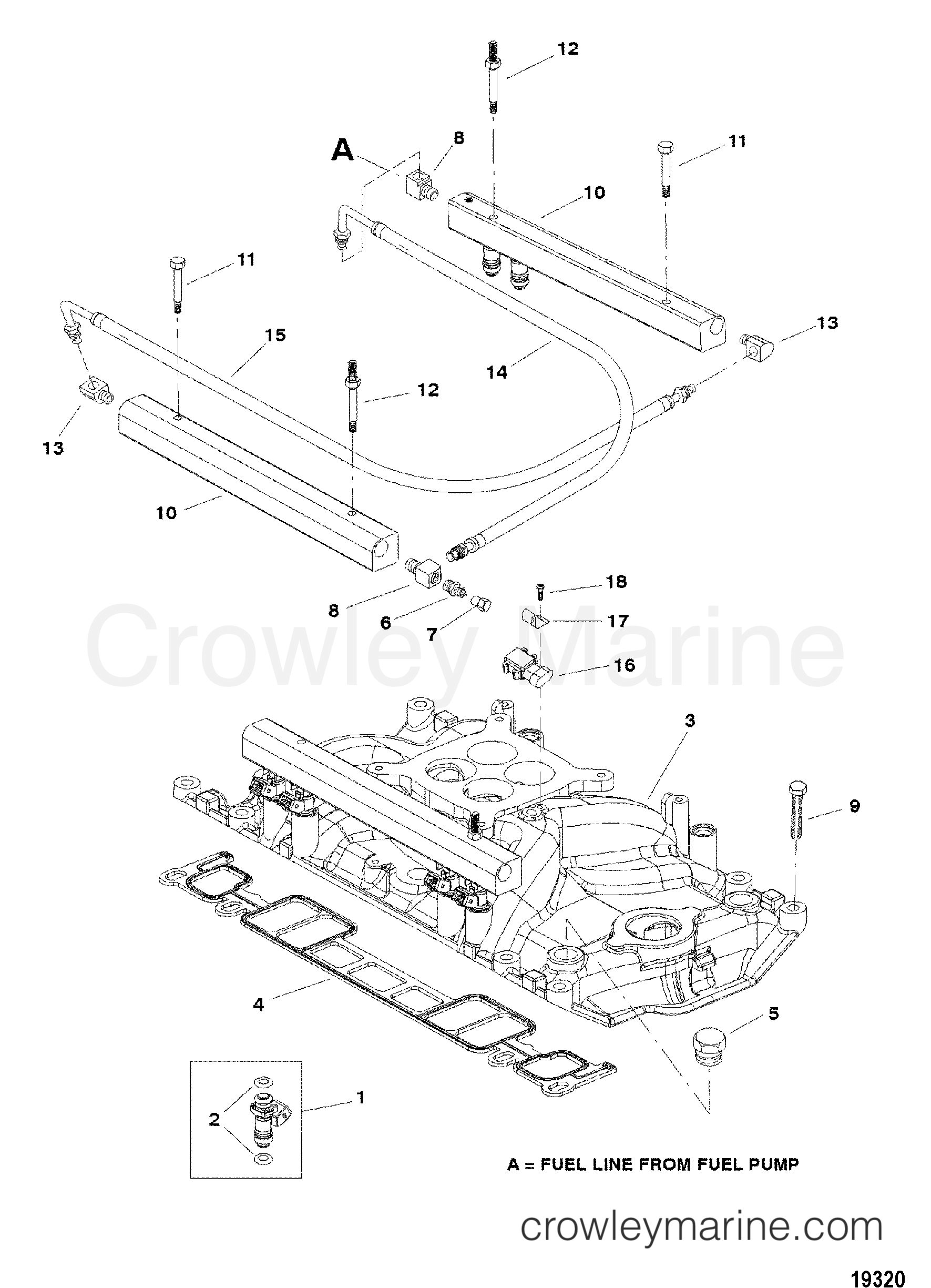 INTAKE MANIFOLD AND FUEL RAILS - 1998 Inboard Engine 350 MAG [MPI ...