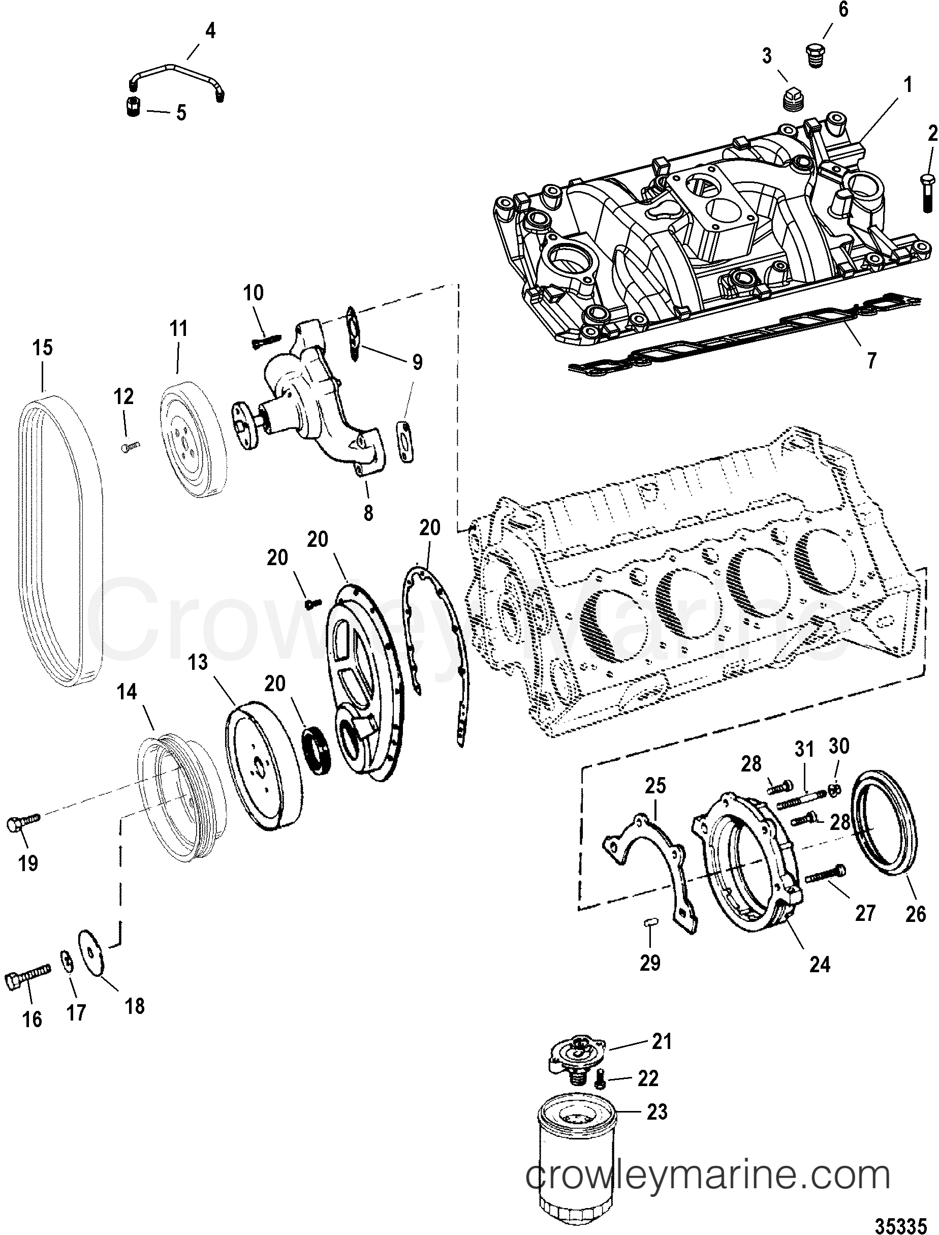 INTAKE MANIFOLD, WATER PUMP, AND FRONT COVER - 1998 Inboard Engine 350 ...