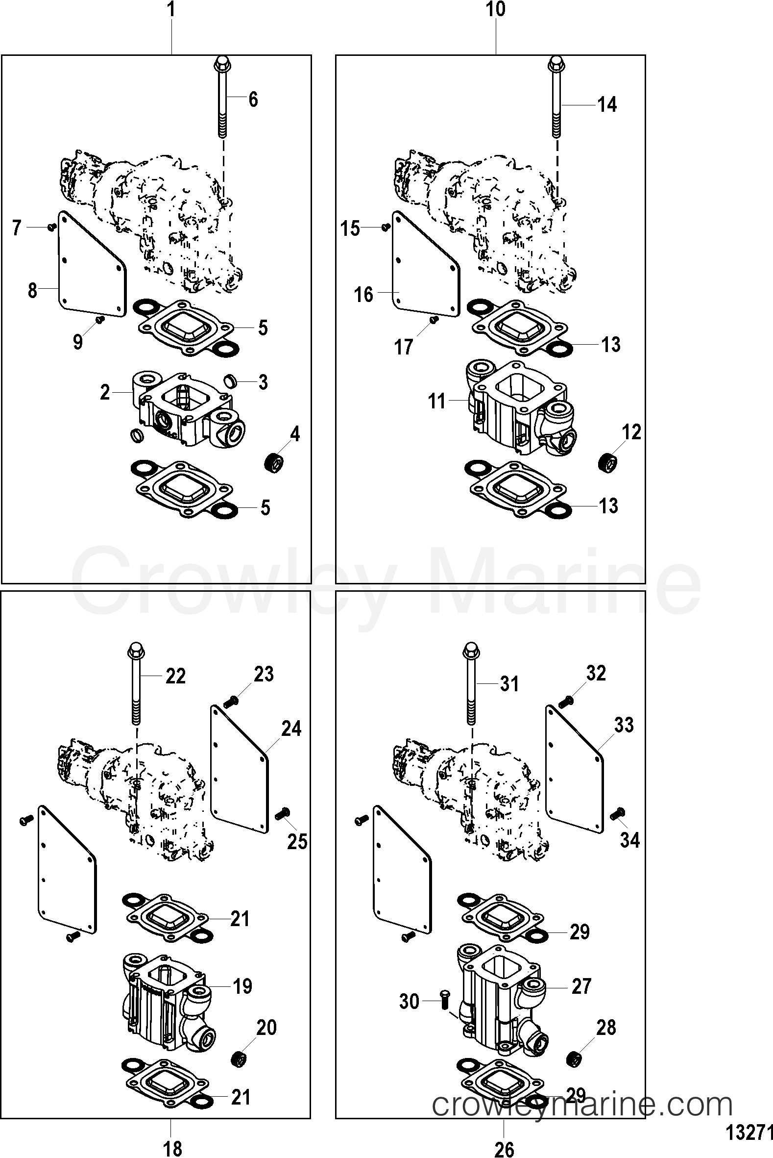 EXHAUST RISERS - 1998 Stern Drive 350 MAG [ALPHA MPI] 43500013T ...