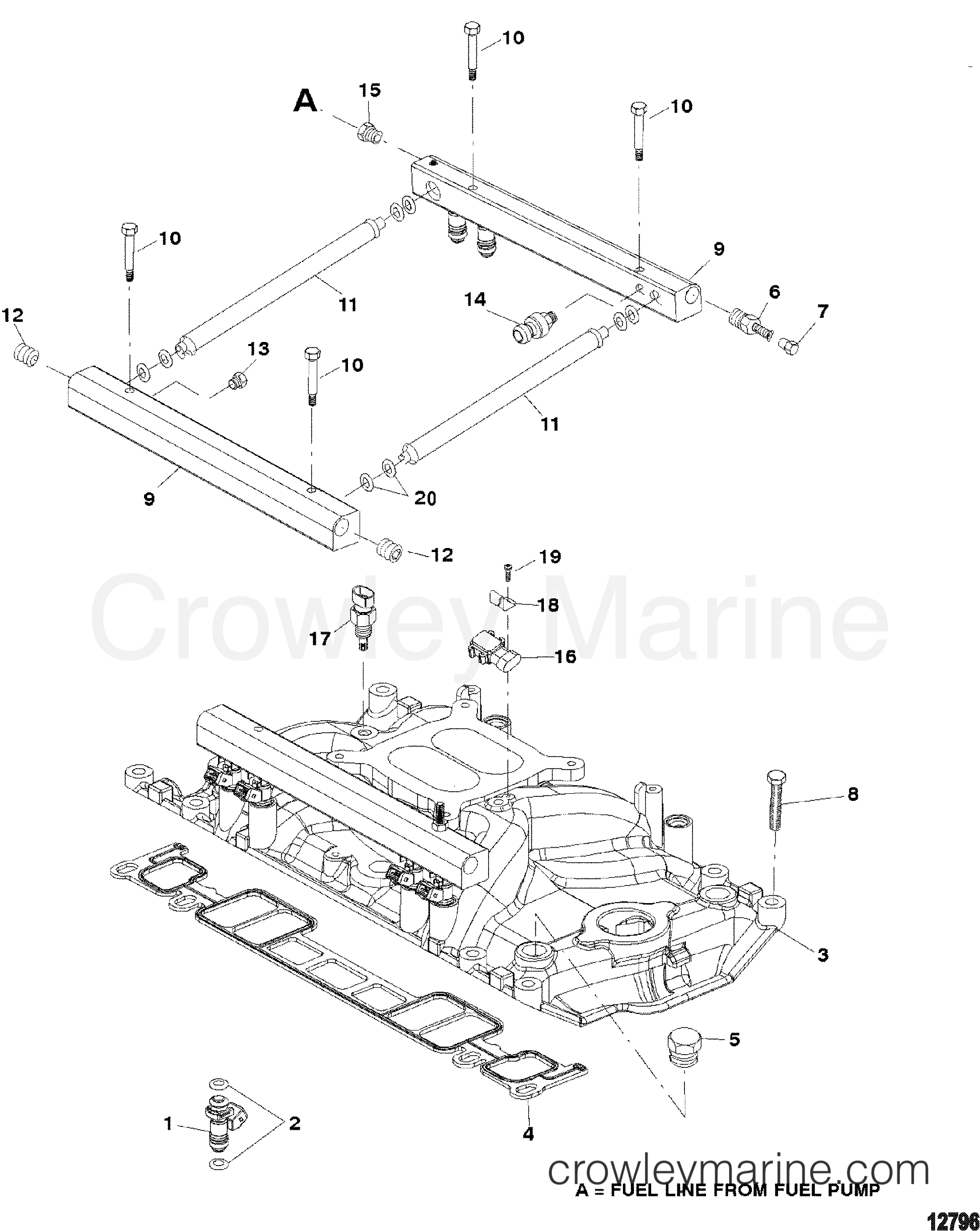 INTAKE MANIFOLD AND FUEL RAILS(SN 0L304600 & UP) - 1998 Inboard Engine ...