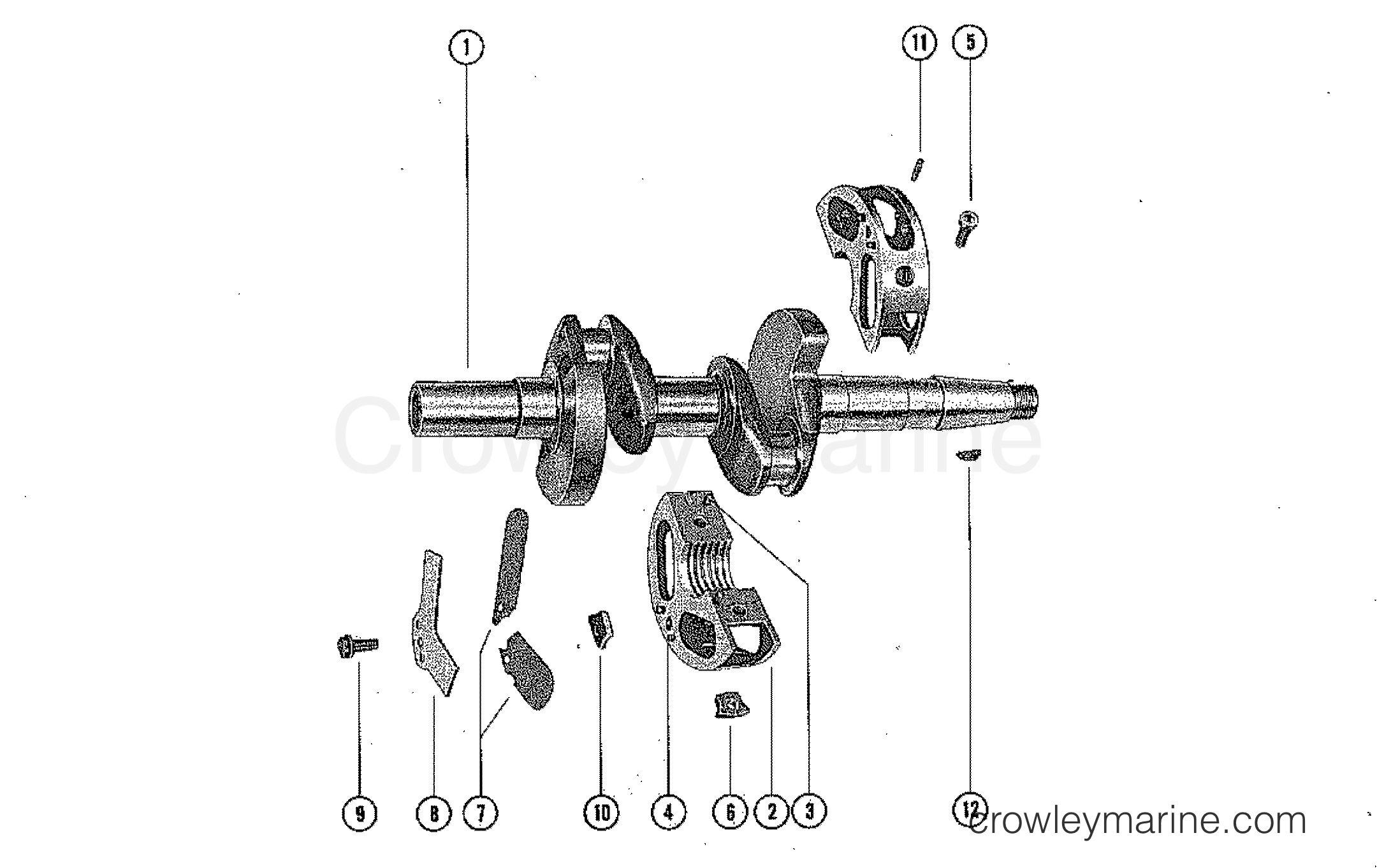 CRANKSHAFT AND CENTER MAIN BEARING ASSEMBLY - Serial Range Outboard 200 ...