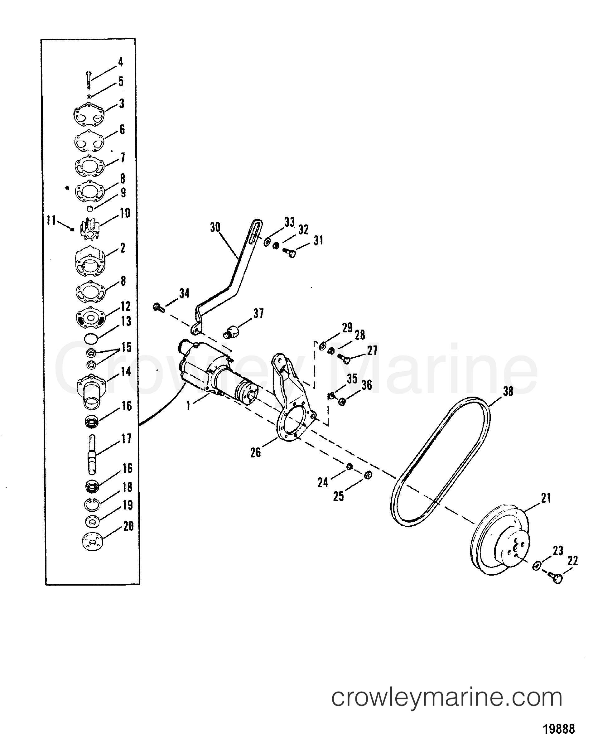 SEA WATER PUMP ASSEMBLY(DESIGN I) STAMPED STEEL - 1988 Inboard Engine 5 ...